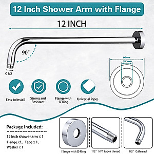 12 Inch Shower Arm with Flange,Stainless Steel 90 Degree Rain Shower Head Extension Arm,Wall-Mounted Shower Head Arm for Fixed Shower Head,Chrome