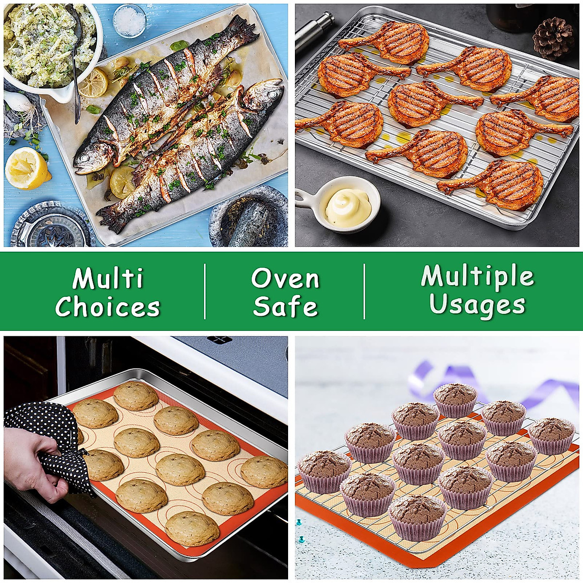 P&P CHEF 16 Inch Stainless Steel Baking Sheets with Racks and Silicone Mat, 55Pcs Cookie Sheet Oven Tray and Cooling Cooking Rack, Oven Safe, 2 Pans + 2Racks + 1 Mat + 50 Parchment Papers