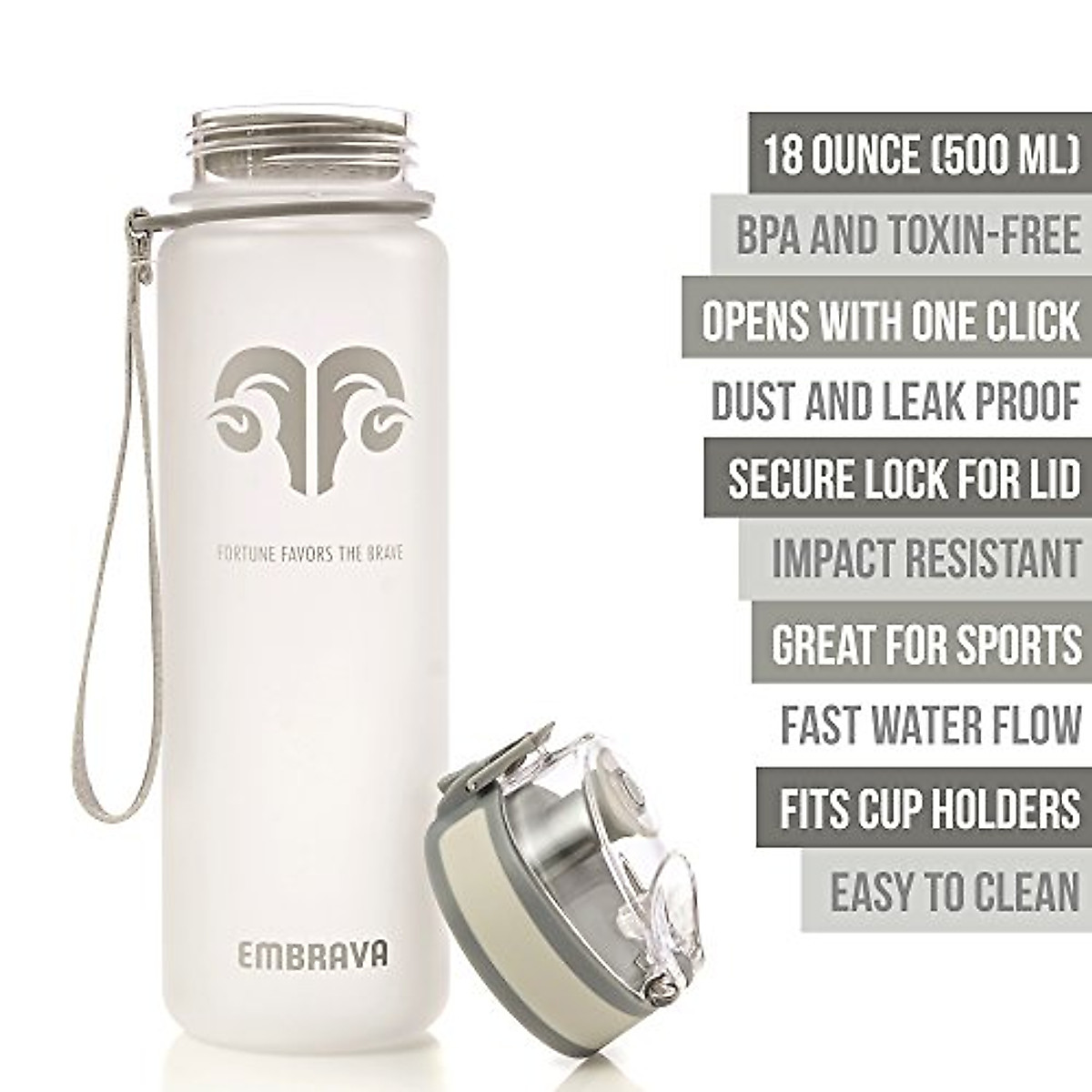 Embrava Best Sports Water Bottle - 17oz Small - Eco Friendly & BPA-Free Plastic - For Running, Gym, Yoga, Outdoors and Hiking - Fast Water Flow, Flip Top, Opens With 1-Click - Leak-proof Lid