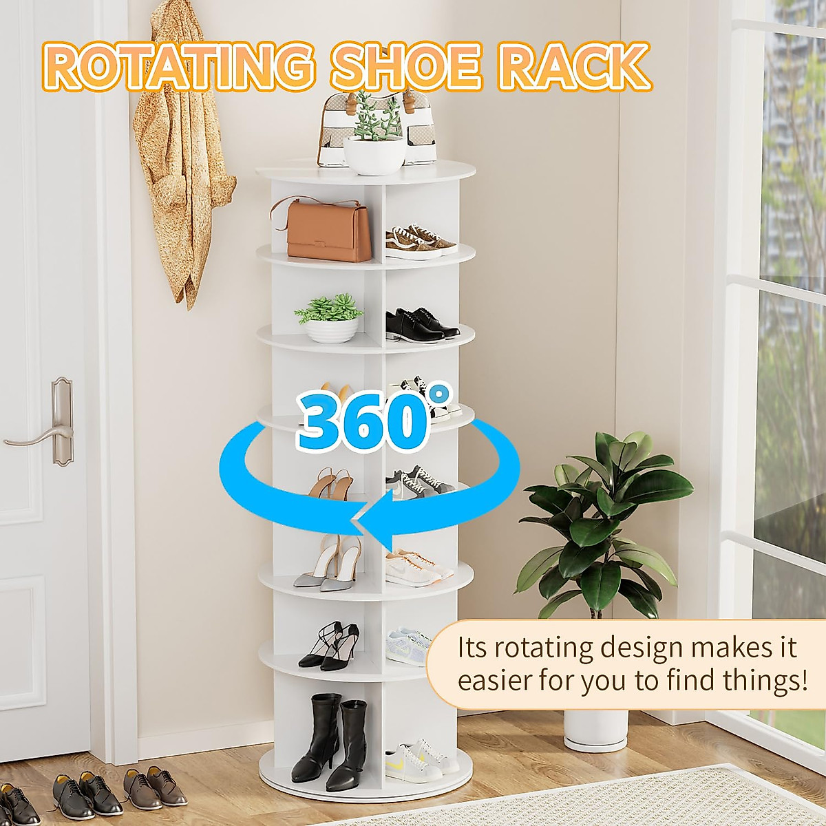 GOOFCXO 7 Tier Rotating Shoe Rack Tower, 360° Revolving Free Standing Shoe Organizer High Bottom Design Shoe Tower Spinning Storage Lazy Susan Multifunctional Rotate Shoes Closet Organization (White)