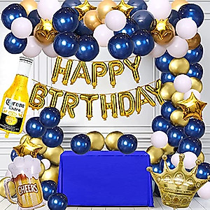 Navy Blue Gold Birthday Party Decorations Men, Happy Birthday Banner Decor for Men Women Boys Girls, Corona Beer Balloon Garland Kit for 16th 18th 21st 25th 30th 40th 50th 60th Birthday Party Supplies