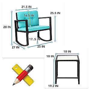 PayLessHere Outdoor Conversation Sets Rattan Furniture Wicker Rocking Chairs with Blue Cushions and Glass Coffee Table for Balcony Poolside Garden Patio Porch Backyard