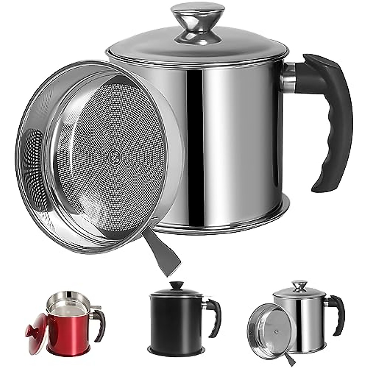 Tellshun Bacon Grease Container with Strainer 1.3 L / 44 oz Stainless Steel Cooking Oil Keeper with Lid and Tray Easy-Grip Handle Suitable for Storing Frying Oil and Cooking Grease (1.3, Silver)