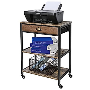 X-cosrack Deskside Mobile Printer Stand with Storage Drawer, 3 Tier Printer Table Cart with Wheel,Workspace Desk Organizer Shelf for Home Office, Rustic Brown