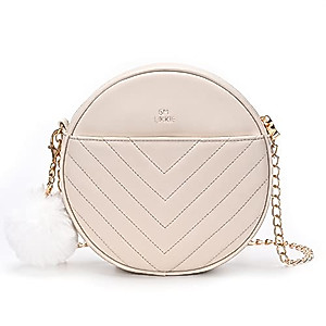 GM LIKKIE Round Crossbody Purse for Women, Circle Quilted Clutch Bag, Small PU Leather Evening Shoulder Handbag (Beige)