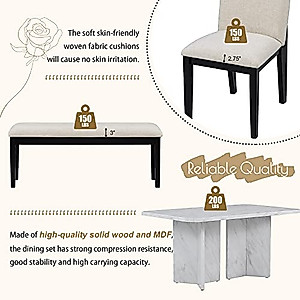 WOZNLA Room 6-Piece Modern Style Set-Faux Marble Table with 4 Upholstered Dining Chairs & 1 Bench-Contemporary White Design for Family Kitchen