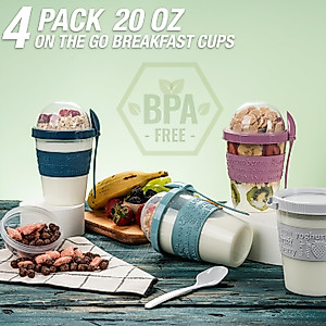 On The Go Cereal Yogurt Cups with Lids and Spoon, Overnight Oats Container, Reusable Parfait Plastic Milk Jar Breakfast Crunch Granola Oatmeal Smoothie Snack Prep Bowl To Take Along (4 Colors Set 2)