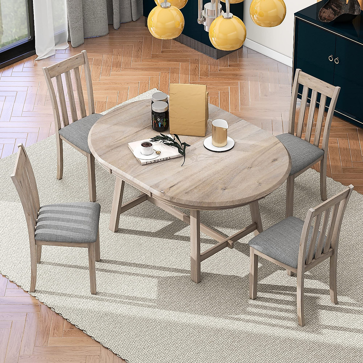 FIQHOME 5-Piece, Round Extendable Upholstered Chairs, Table Set for 4 Person for Dining Room (Natural Wood Wash)