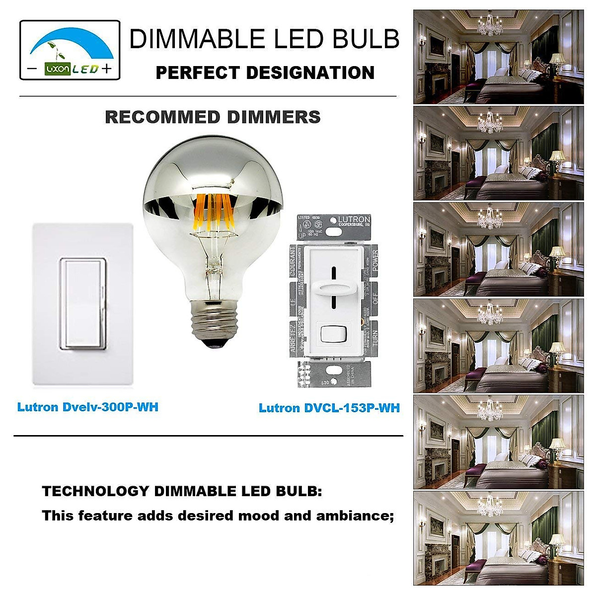 LUXON Half Chrome Light Dimmable,LED Filament Vintage Bulb with Mirror 6W (60W Equivalent) G80/G25 E26 Medium Base Warm White 2700K, 2 Pack