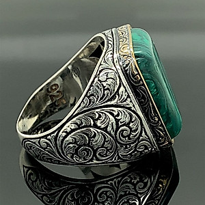 Malachite Gemstone Ring, Men Handmade Ring, Turkısh Handmade Ring, Embroidered Ring, Ottoman Jewelry