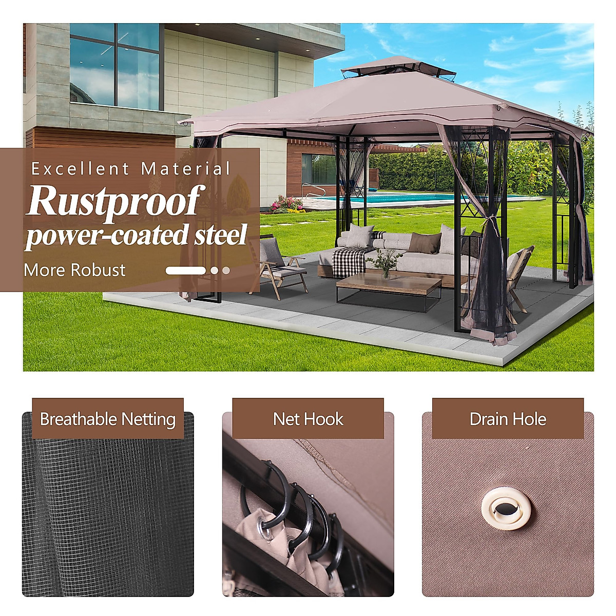 GARTOO 11'x13' Outdoor Patio Gazebo - Porch Gazebo with Polyester Roof & Breathable Netting, Best for Garden, Lawn, Backyard Deck (Taupe)