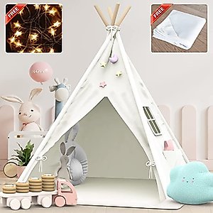 Large Kids Teepee Tent for 2 3 4 5 6 Year Old Girls, Kids Foldable Play Tent with Padded Mat & Light String, Ideal Gifts Toys Tent, White Canvas Teepee Indoor Outdoor Games, Kids Playhouse for Boys