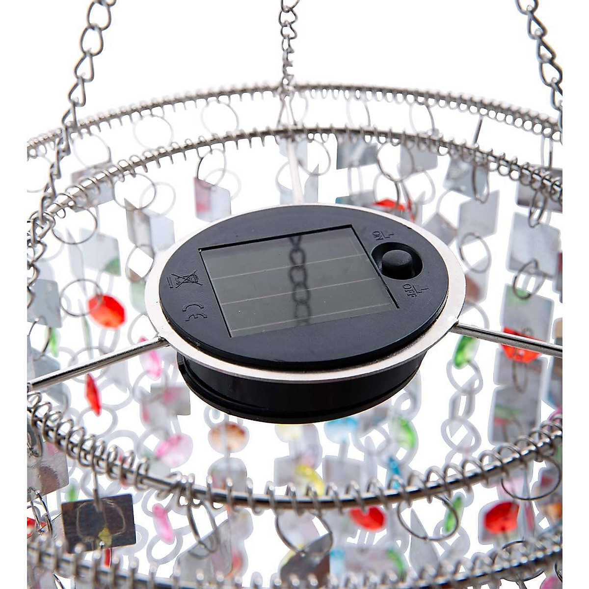 Wind & Weather Concentric Rings Silver and Multi-Colored Mirrored Outdoor Chandelier with Solar Lights Powered by Discreet Solar Panel in Top with Hanging Chain Included, 8½" Dia. x 29" H, Chain 9¼"L