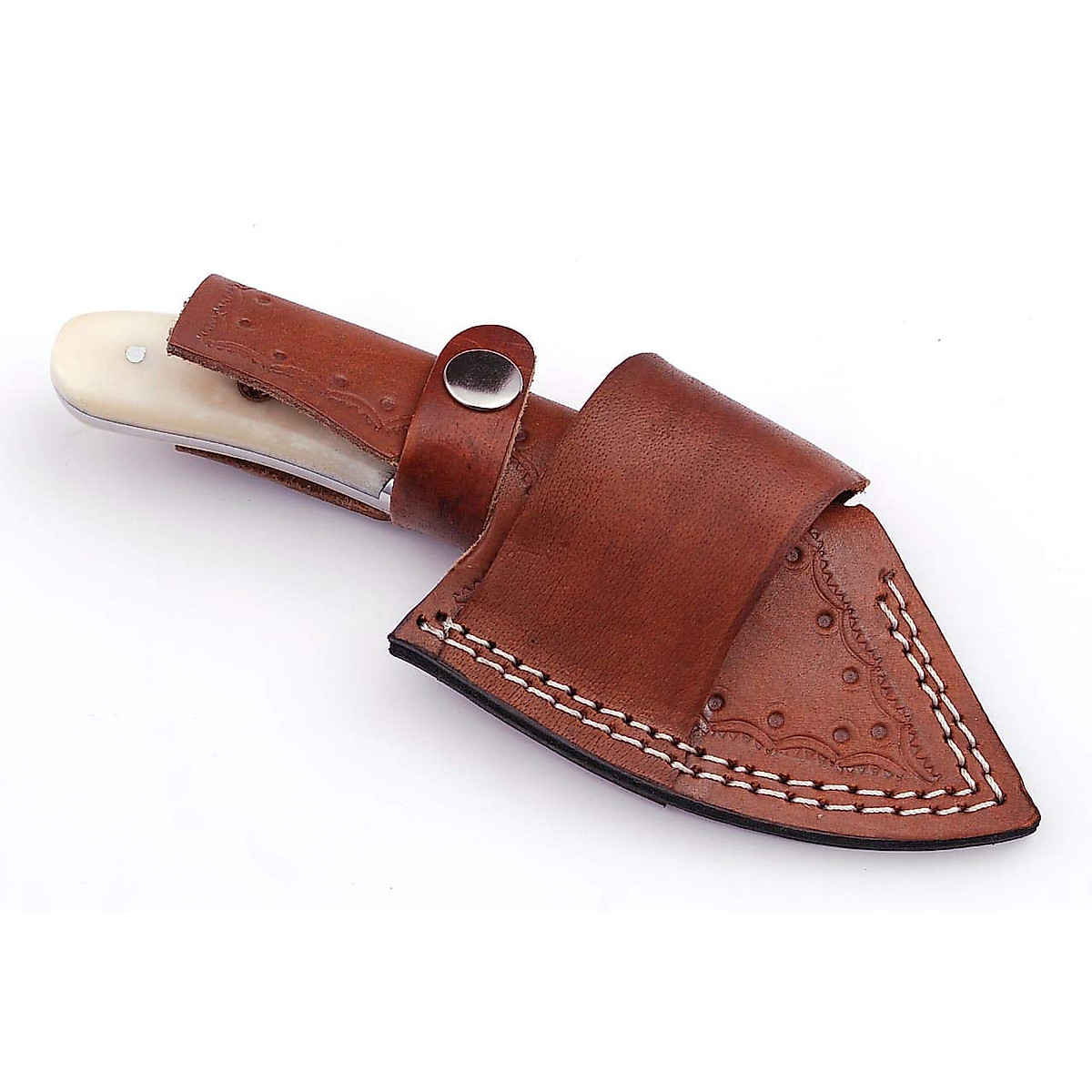 GladiatorsGuild DH76 Custom Made Full Tang Skinner Fixed Blade Small 8" Skinning Knife with Sheath Damascus Steel Pattern Welded DH76 (White)