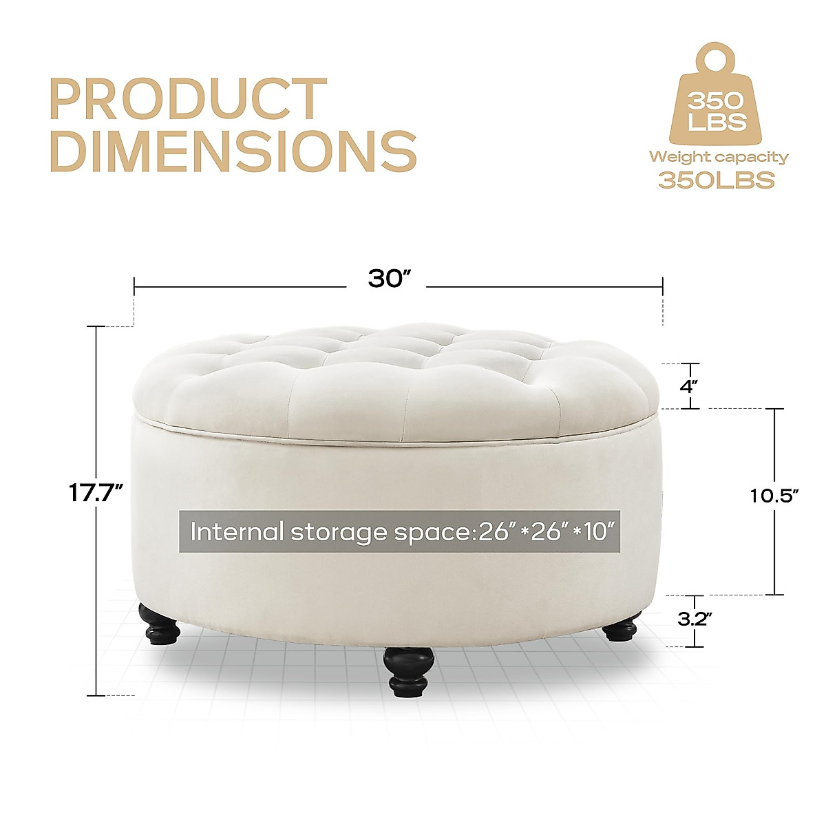 HUIMO 30-Inch Round Storage Ottoman, Modern Button Tufted Coffee Table with Removable Top, Upholstered Ottoman with Storage Footrest Stool for Living Room, Bedroom and Office(Ivory)