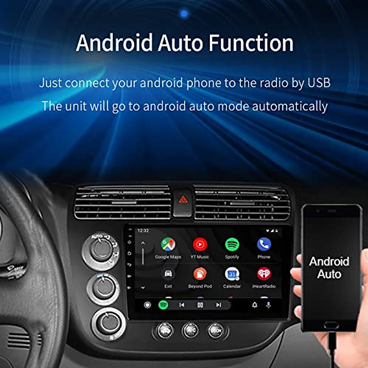 Cocheparts Car Stereo for Honda Civic Radio 2001-2005 Support Apple Carplay,Android Auto,1+32GB,WiFi/Bluetooth/Steering Wheel Control/Split Screen/GPS Navigation