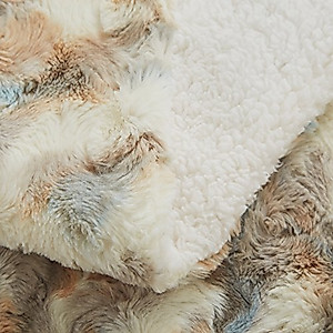 Tache 90x90 Oversized Soft Warm Tan Brown Blue Russian Lynx Faux Fur White Sherpa Bed Blanket, Full, Queen Size