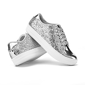 IMPREMEY Women's Glitter Sneakers Lace-Up ，Sparkly Fashion Shoes for Casual Sports Walking Sequin Shoes Silver