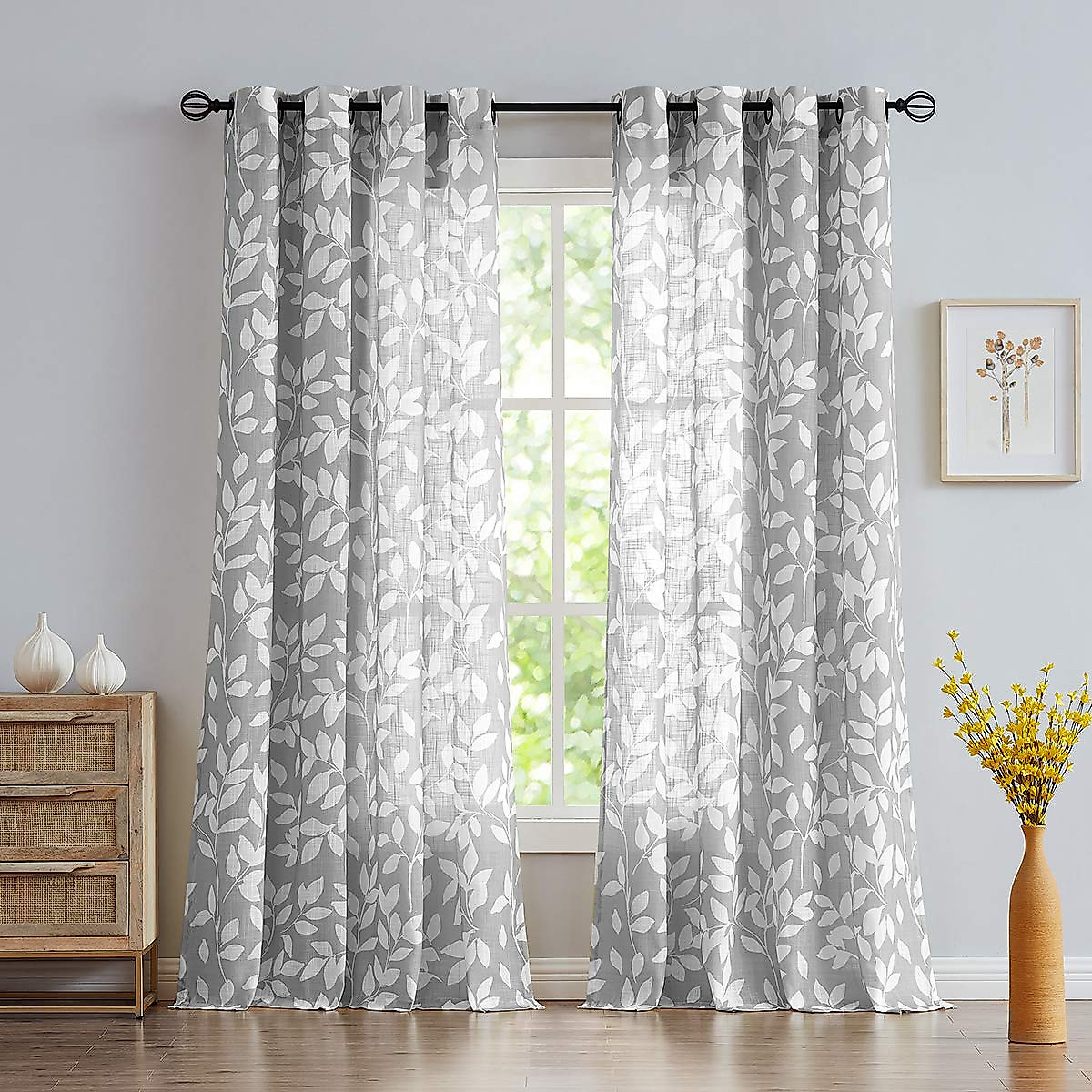 Treatmentex White and Grey Curtains for Bedroom 84" Length Semi-Sheer Print Leaf Curtains for Living Room Windows, Grommet Top, 2 Pack