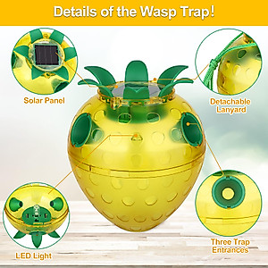 Wasp Traps Outdoor Hanging, Yellow Jacket Wasp Catcher for Trapping Hornet, Non-Toxic Reusable Wasp Catcher for Outdoors Trapping Wasp, Wasp Trap Solar Power Outdoor with LED Light, 2PC-Yellow
