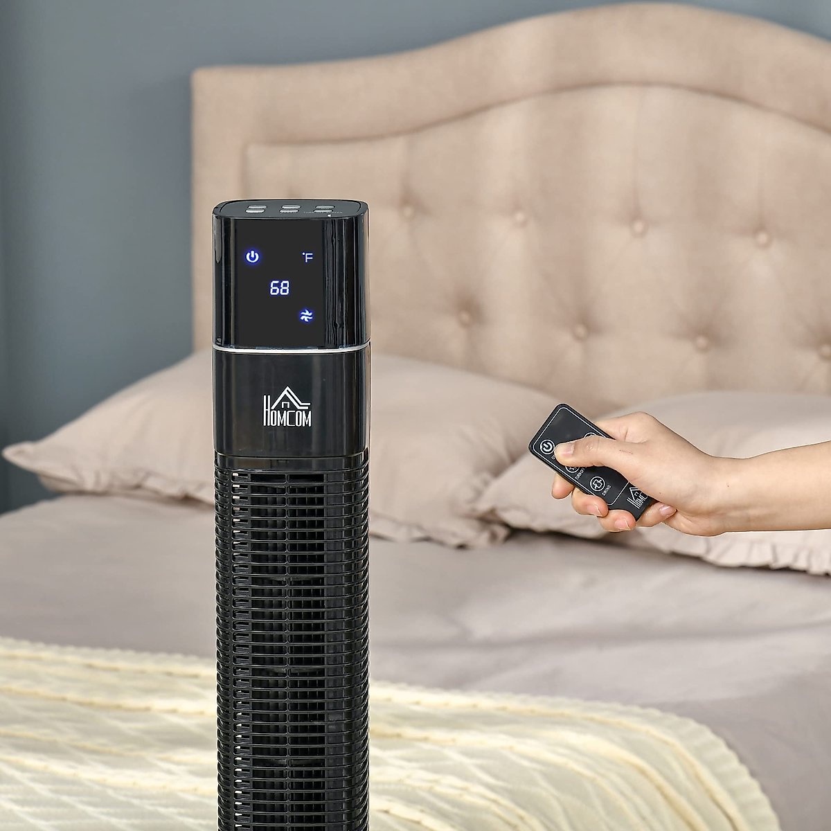 HOMCOM 47.25" Oscillating Tower Fan Cooling for Bedroom with 3 Speeds, Floor Fan with 12h Timer, LED Display, and Remote Control, Black