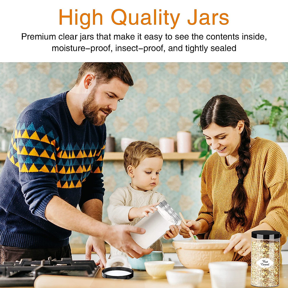 PeacePeo Plastic Jars with Lids, 16Pcs 32OZ Large Plastic Storage Jars with Black Leakproof Lids Cylinder Plastic Jars Container Reusable Clear Empty Jars for Home and Kitchen Organizing