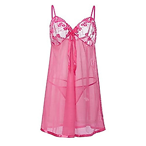 Qopobobo Sexy Lengerie for Women Naughty Lace V Neck Nightwear Satin Sleepwear Plus Size Mini Lace Chemise Teddy Sleepwear Hot Pink