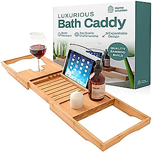 Home Intuition Expandable Bamboo Bathtub Tray Caddy (27.75-41.5 Inches) Luxury Bath Tub Tray Table Bathtub Caddy Bath Accessories for Women & Men Bath Tray Shelf with Book & Wine Holder