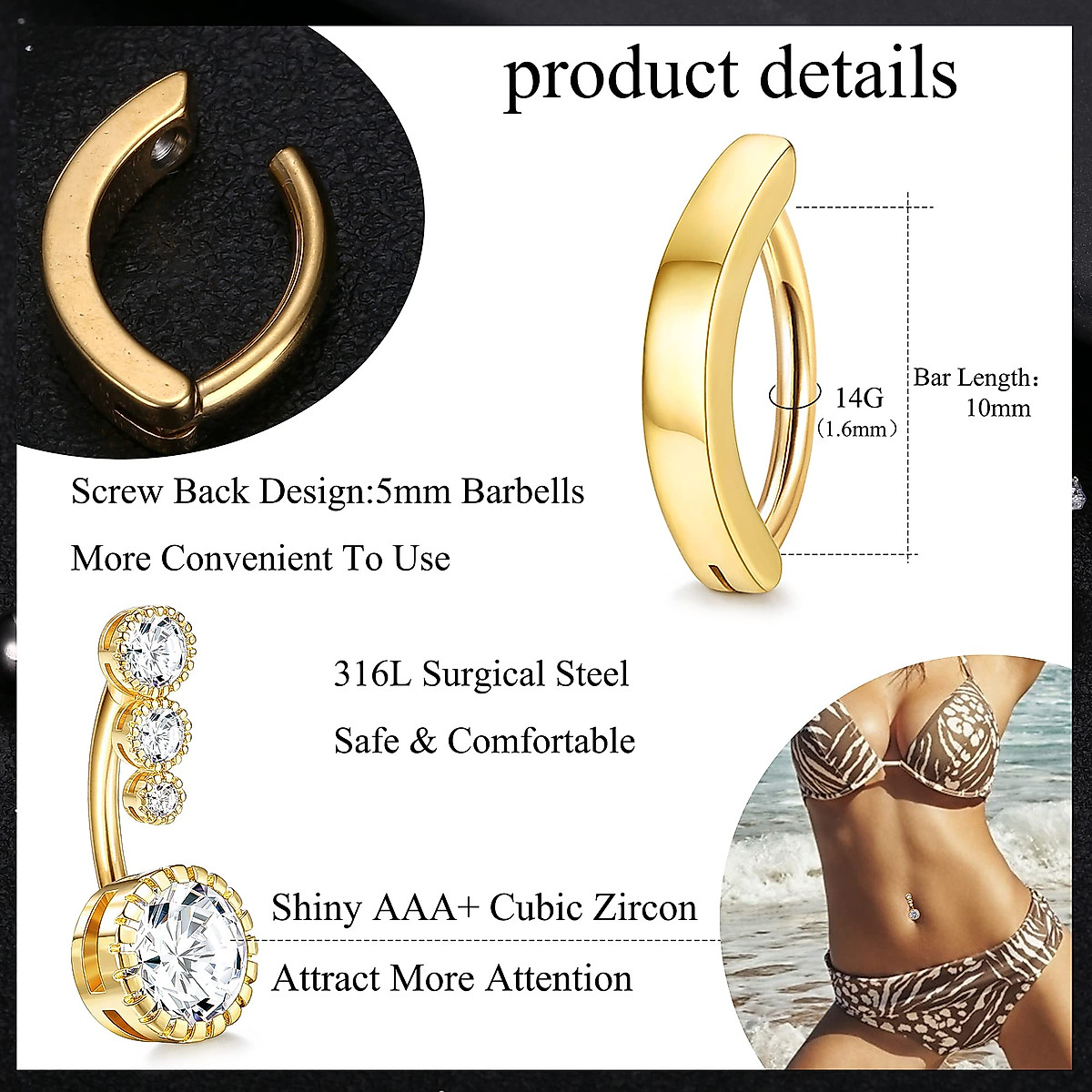 SAILIMUE 6 Pcs Clicker Belly Button Rings for Women 14G Belly Ring Surgical Steel CZ Reverse Navel Ring Dangle Belly Piercing Jewelry Pack