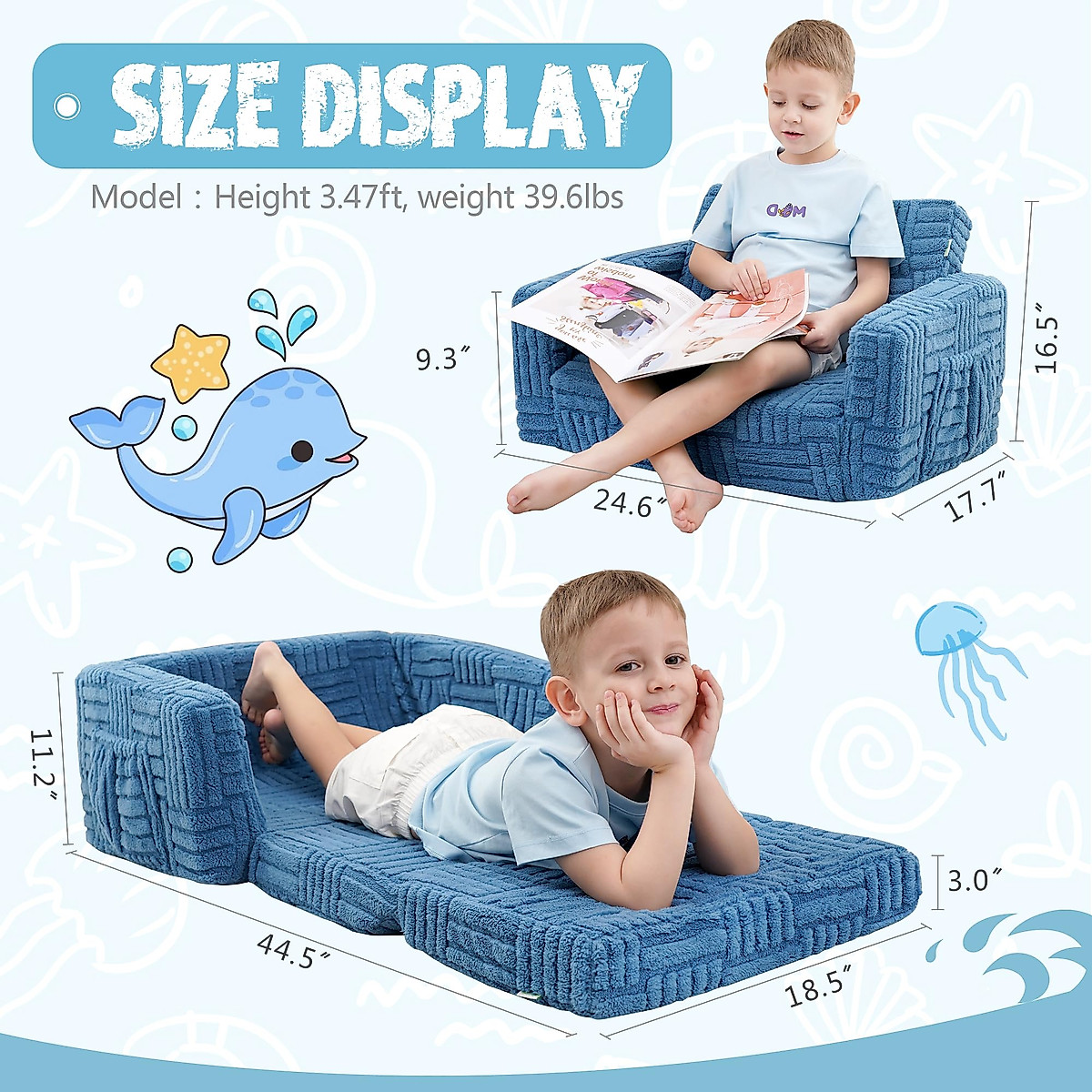 MallSingel Kids Sofa, Toddler Chair, 2-in-1 Flannel Kids Fold Out Couch, Toddler Convertible Sofa to Lounger, Flip Open Toddler Couch for Kids(White) (Blue)