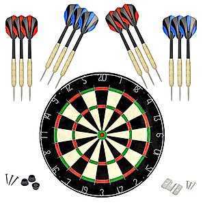 LinkVisions Sisal/Bristle Dartboard with Staple-Free Bullseye 17.8” x1.5 and 12 Steel Tip Darts 18g, Dartboard Mounting Kits Included