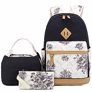 Bluboon School Backpack Set 3 Pieces Lightweight Canvas Teen Girls Bookbags Lunch Box Pencil Case (Black-flower)