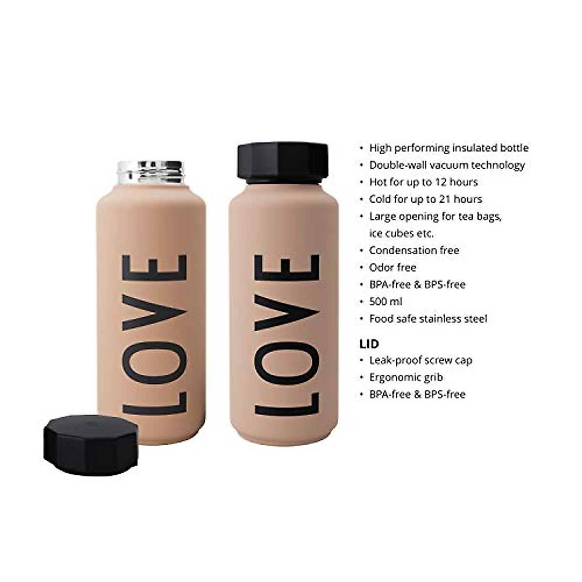 Design Letters Personal Thermo/Insulated Bottle (White) - S - BPA-free double walled vacuum, stainless Steel, Nordic design, Keeps Cold for up to 24 Hrs/Hot up to 12 Hrs, 500 ml, Leak-proof, 280 g.