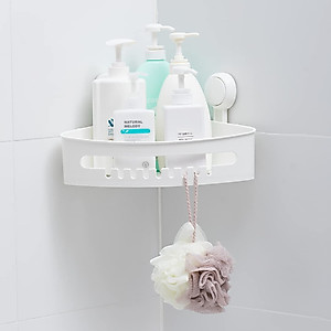 Suction Shower Caddy Corner Waterproof Shower Basket No-Drilling Removable Bathroom Shower Holder Organizer Plastic Shower Corner Rack Heavy Duty Max Hold 22lbs for Bathroom & Kitchen - White