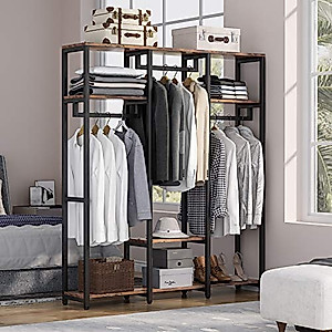 Tribesigns FreeStanding Closet Organizer, Industrial 3 Rod Garment Rack with 4-Tier Sttorage Shelf, Rustic Wardrobe Rack Clothes Rack with Shoe Shelves for Hanging Clothes and Storage (Brown)