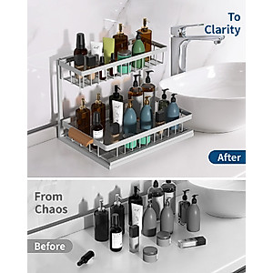 2 Pack Under Sink Organizer,Metal Pull Out Kitchen Cabinet Organizer with Sliding Drawer,Sturdy Multi-functional for Bathroom Organization,Silver