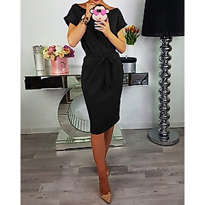 PRETTYGARDEN Women's Summer Short Sleeve Crewneck Striped Dress Basic Solid Tie Waist Office T Shirt Dresses Pockets Black Small