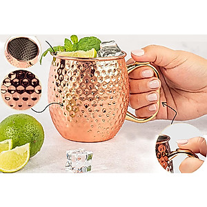 Moscow Mule Mugs | Thumb Rest Gold Brass Handles | Large Size 19 ounces | Set of 4 Hammered Cups | Stainless Steel Lining | Pure Copper Plating | Gift Set