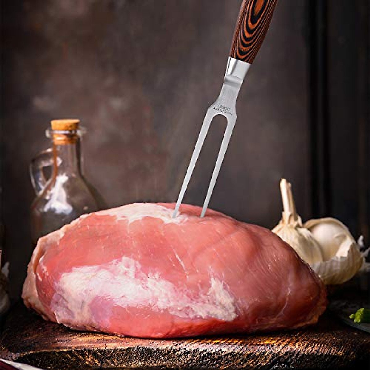 TUO Carving Fork - 7 inch Sharp Meat Fork Barbecue Forks Meat Cooking Fork for Roast Poultry & BBQ Party - German Stainless Steel & Ergonomic Pakkawood Handle - Fiery Series Gift Box Included