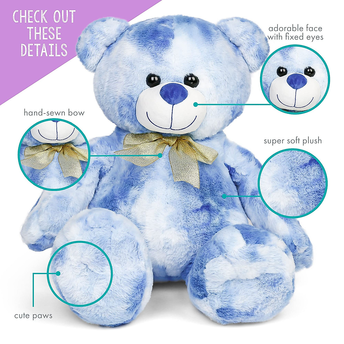 BenBen Teddy Bear Stuffed Animal, 23 inch Tie-Dye Stuffed Bear Plush Toy with Bow Tie, Blue and White, Cute Plushies Gifts, Easter Decorations