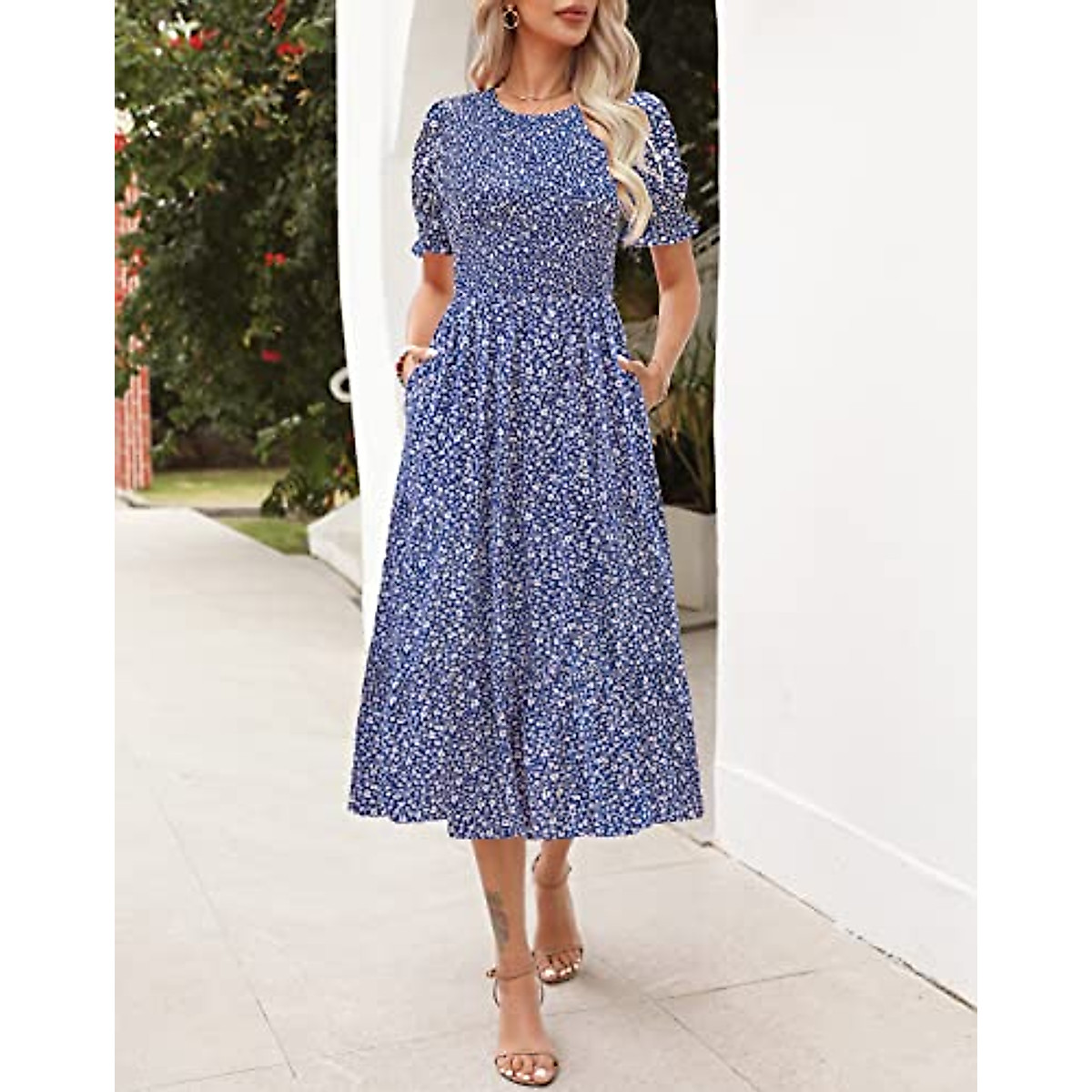 Maggeer 2023 Summer Cute Boho Tiered Puff Short Sleeve Smocked Midi Dresses for Women Blue-1 XS