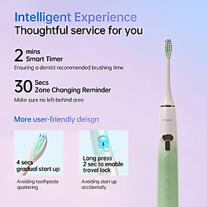 M-teeth Sonic Electric Toothbrush for Adults, X7 Series with 120 Days Battery Life, 5 Modes, 3 Brush Heads, Smart Timer, Dentist Recommended, Rechargeable, Water Resistant, Green