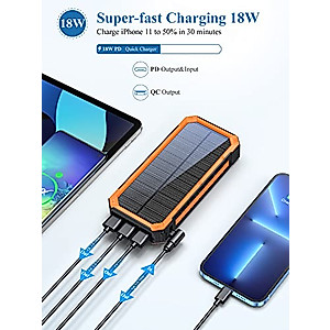 Ffnpua Solar Power Bank, Portable Charger 30000mAh PD 18W QC3.0 Fast Charging with USB Type C 4 Outputs Dual Inputs, Battery Pack with IP55 Waterproof Bright Flashlight for iPhone Android Cell Phones