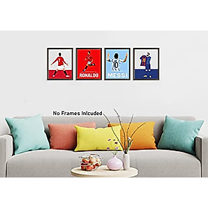 Cristiano Ronaldo and Lionel Messi Wall Art, World Cup Posters, Soccer Superstar Canvas Posters, Motivational Football Sports Art Prints for Office Living Room Home Decor, Set of 4 (8"x10" Unframed)