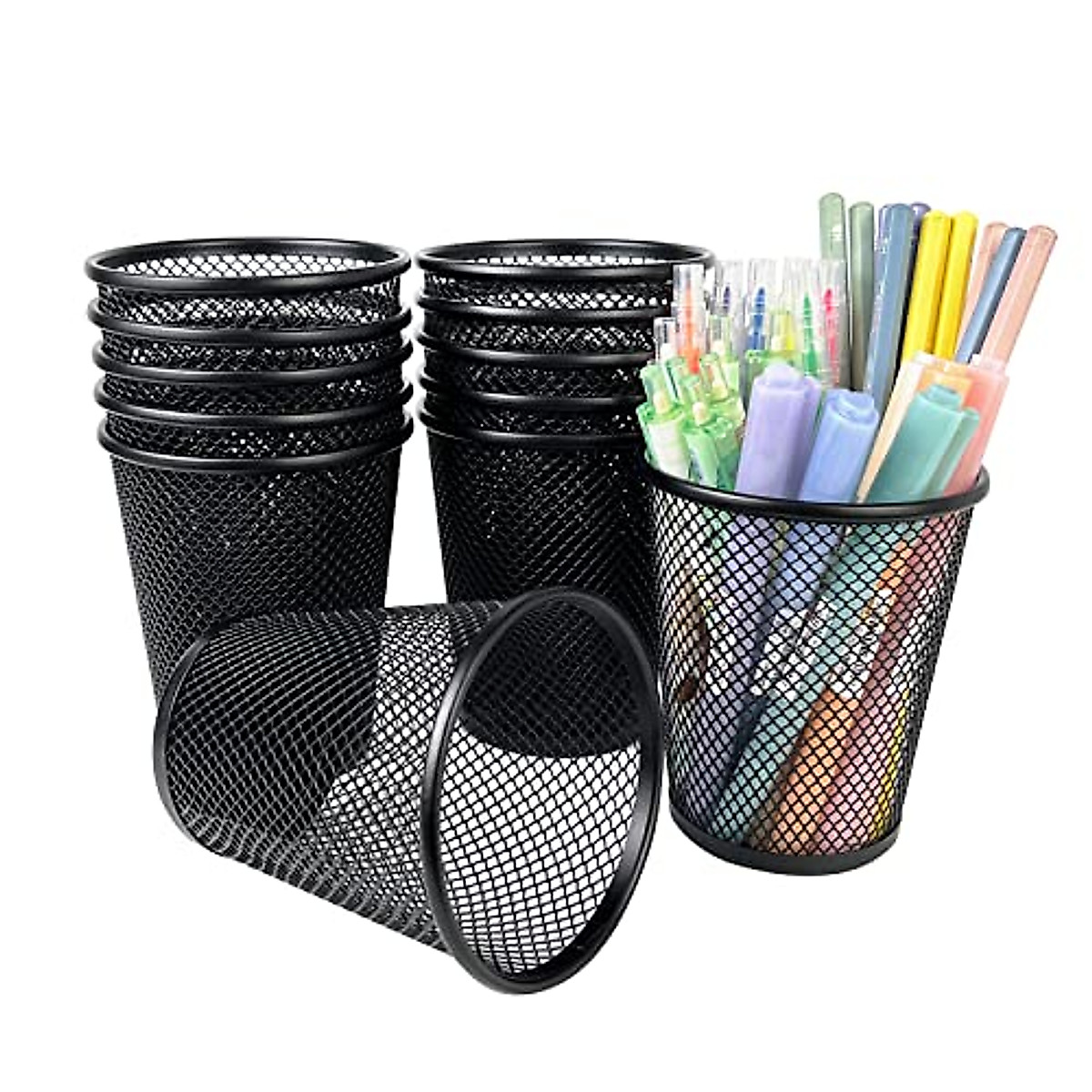 JOYENERGY 12 Packs Pen Holder for Desk, Mesh Pen Cup, Metal Pencil Holders, Multifunctional Organizer for Office School Home Makeup Brush Black
