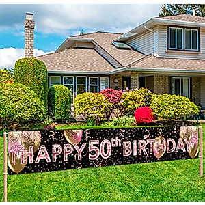 CHXSM PinK Happy 50th Birthday Banner Rose Gold 50th Birthday Yard Sign PinK 50th Birthday Party Supplies Decoration Rose Gold 50th Birthday Party BacKdrop (9.8x1.6 FT)