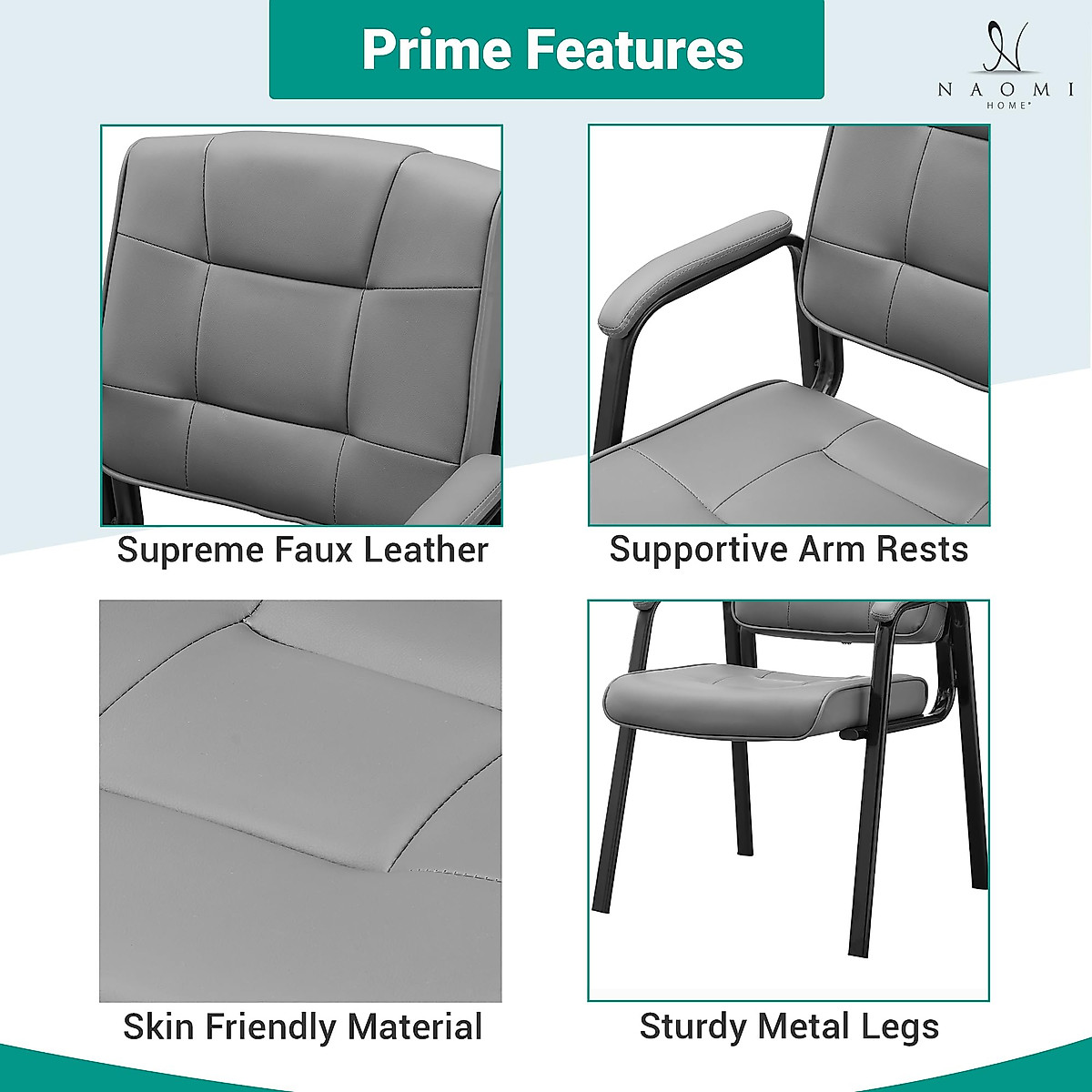 Naomi Home Conference Room Chairs, Heavy Duty Leather Executive Conference Table Chairs, Office Conference Chair, Conference Room Chair with Padded Arm Rest, Guest Chair Fixed-Back, Set of 2 - Gray