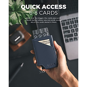 VULKIT Pop up Card Wallet RFID Blocking Slim Aluminum Metal Bank Card Holder Case with Business Money Pocket for Credit Cards Notes and Coins (Navy)