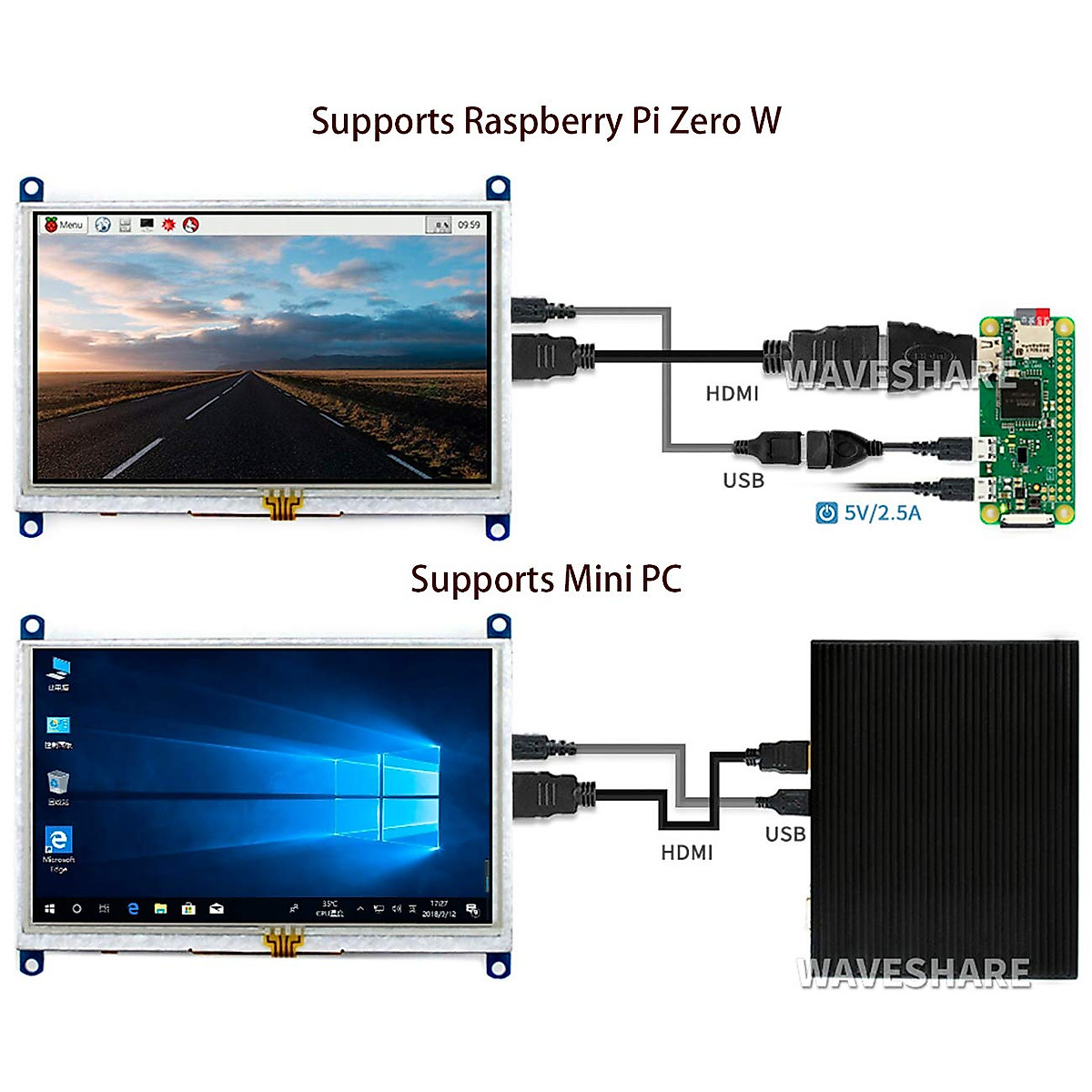 waveshare 5inch HDMI LCD (B) 5" 800×480 Resistive Touch Screen LCD TFT Monitor for Raspberry Pi 4B/3B+/3B/2B/A+/Zero/Zero W/WH, PC Windows 10/8.1/8/7, Driver Free