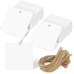 SallyFashion 80pcs White Paper Gift Tags with String, 2x2 Inch Square Hanging Labels Cloth Business Craft Blank Tags